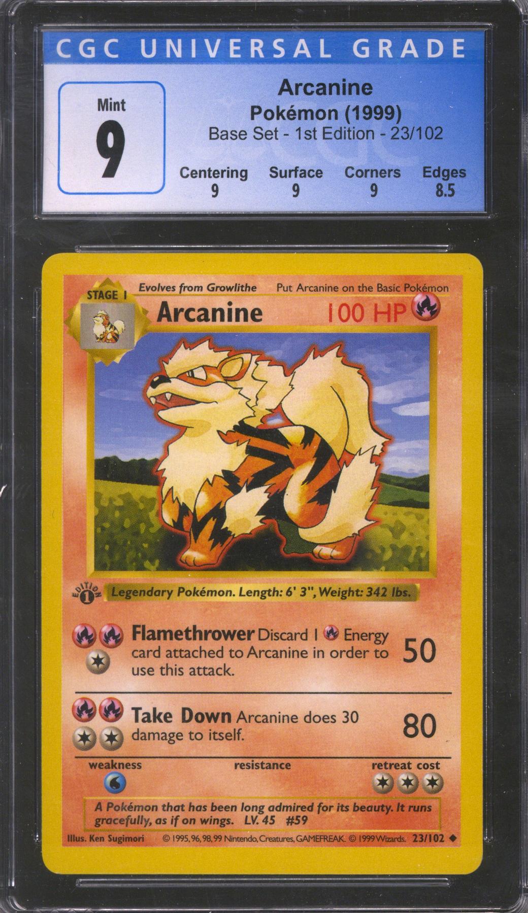 Pokemon Base Set 1st Edition Shadowless Arcanine 23 102 CGC 9 DA Card Pokemon Base Set 1st Edition Shadowless Arcanine 23 102 CGC 9 DA Card