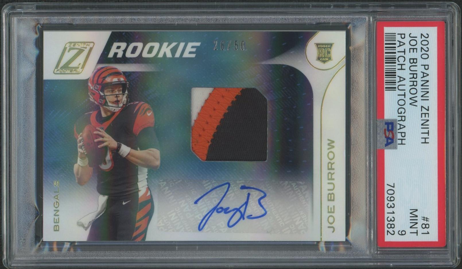 2020 Panini Zenith Football #81 Joe Burrow Rookie Patch Auto #26/50 PSA ...