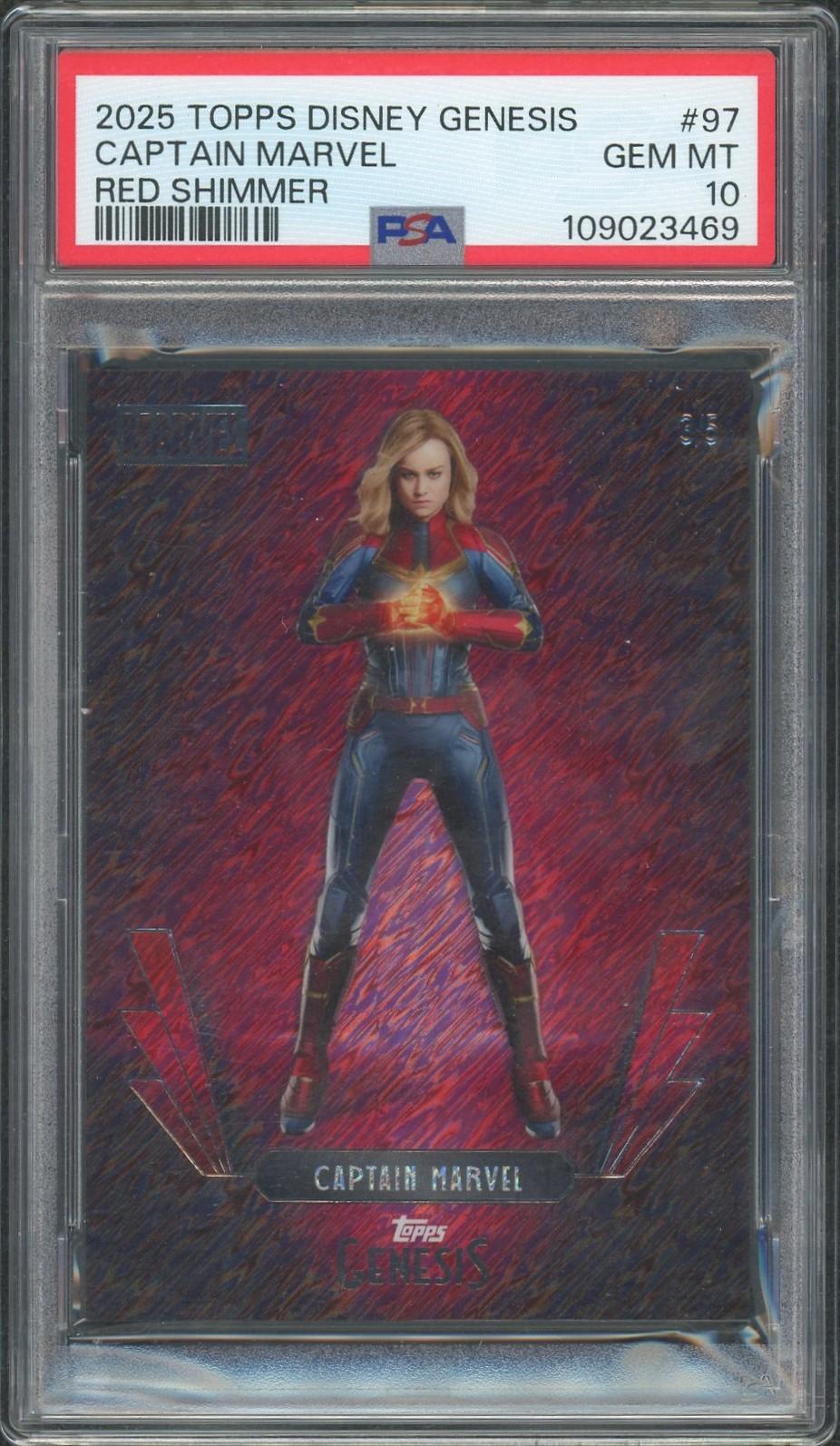 2025 Topps Disney Genesis Captain Marvel Red Shimmer 3/5 #97 PSA 10 ...