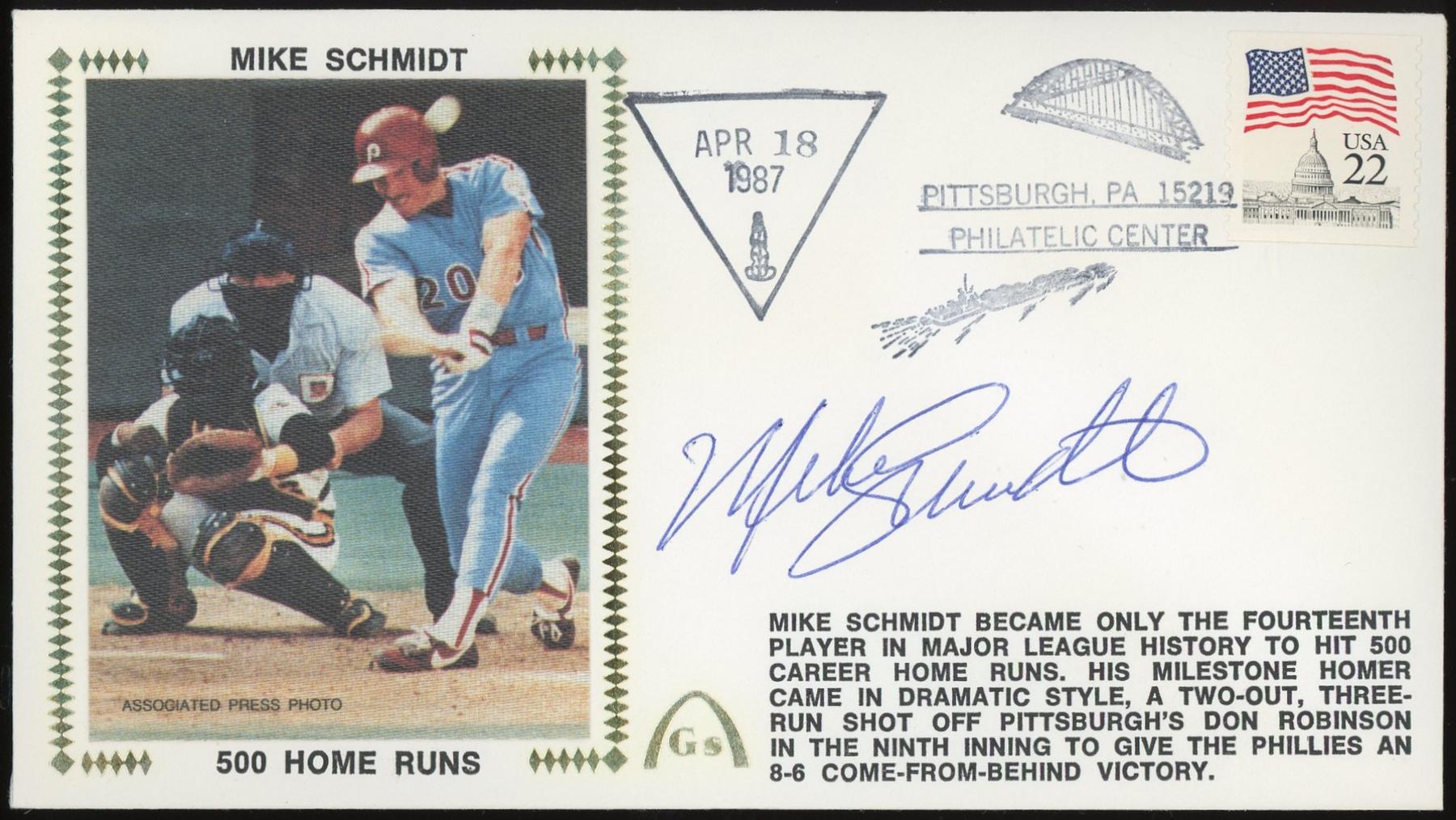 Mike Schmidt Autographed FDC Gateway Cachet 4/18/87 JSA CK72280 (Reed ...