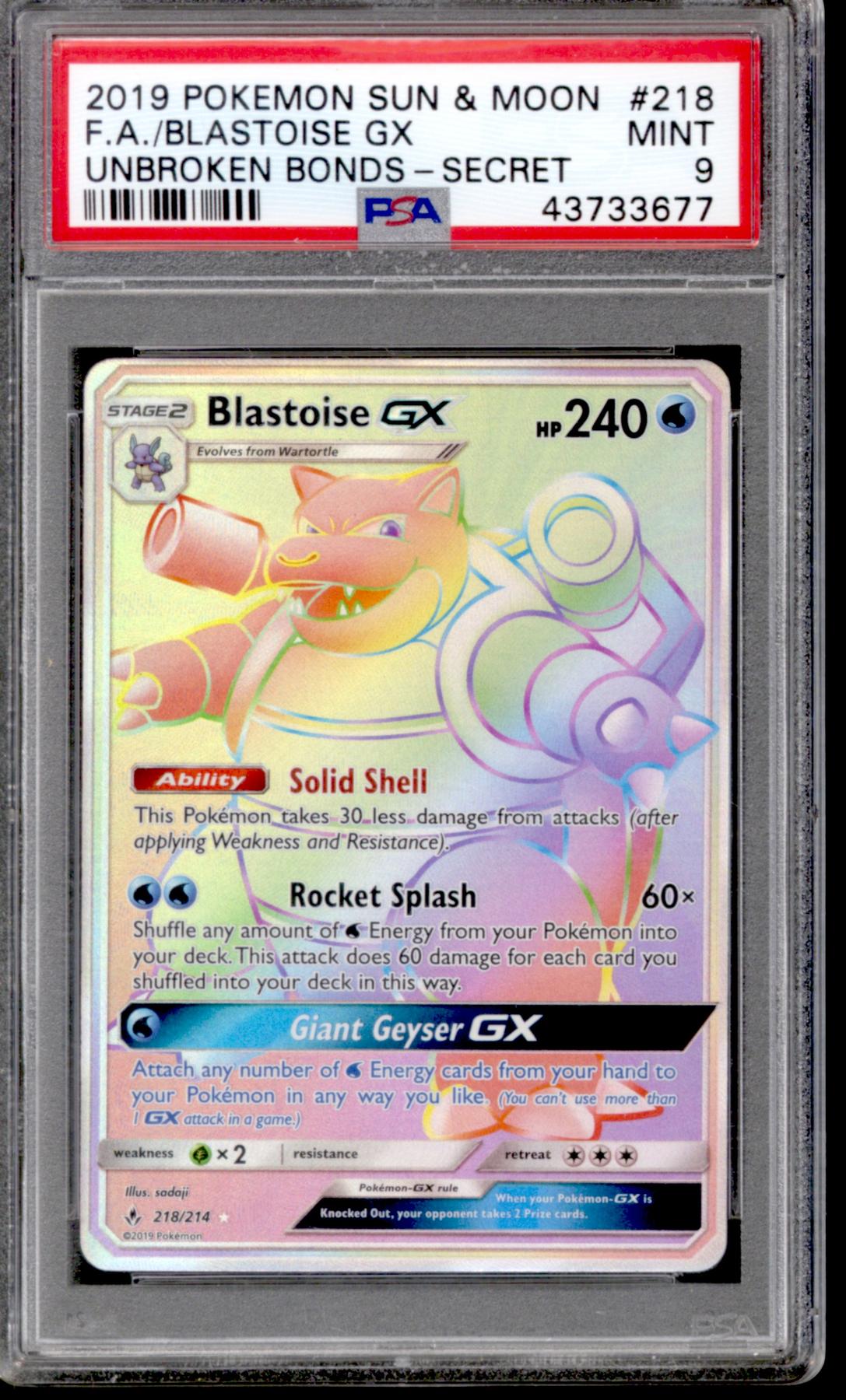 Pokemon Unbroken Bonds Secret Rare Blastoise GX 218/214 PSA 9 | DA Card ...
