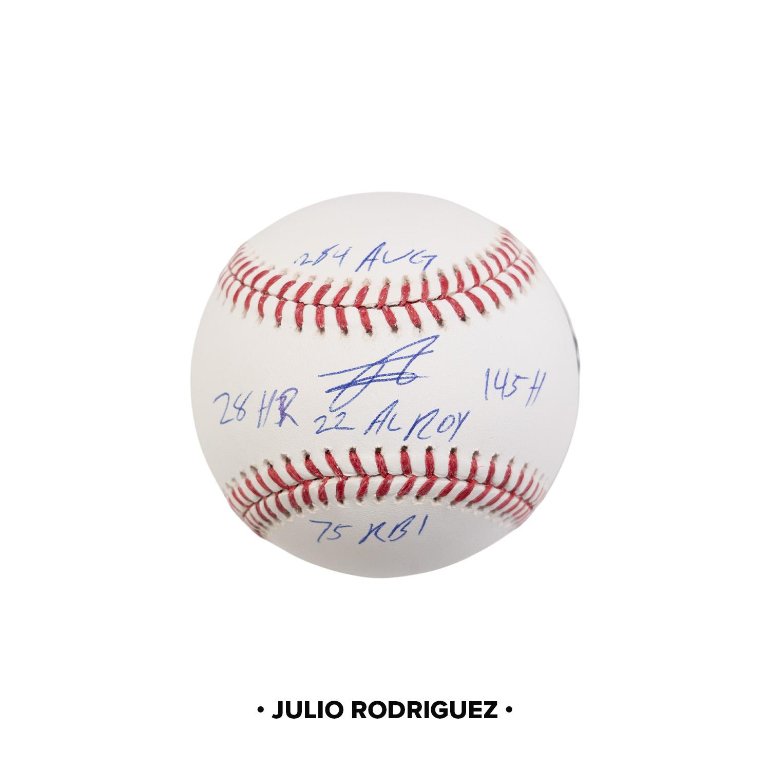Julio Rodriguez "22 AL ROY, 28 HR, 145 H, 75 RBI, 284 AVG" Signed OML ...